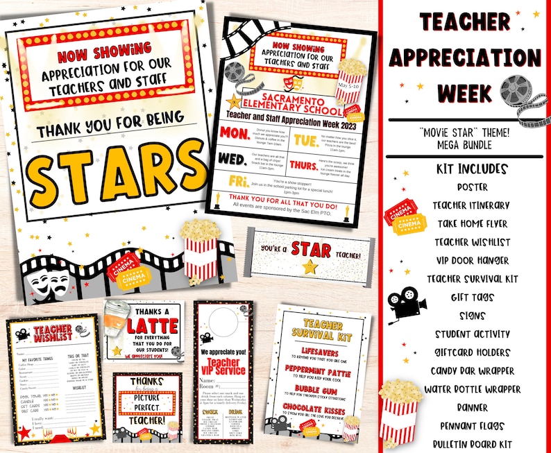 Movie Star Theme Teacher Appreciation Week Printable Editable Bundle ...