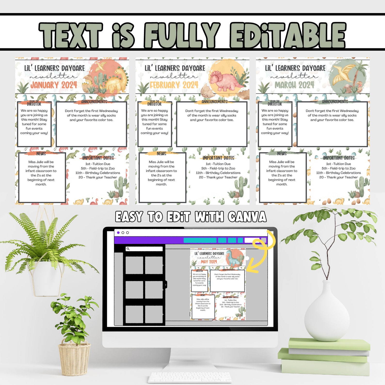 Yearly Daycare and Preschool Dinosaur Newsletter EDITABLE Templates ...