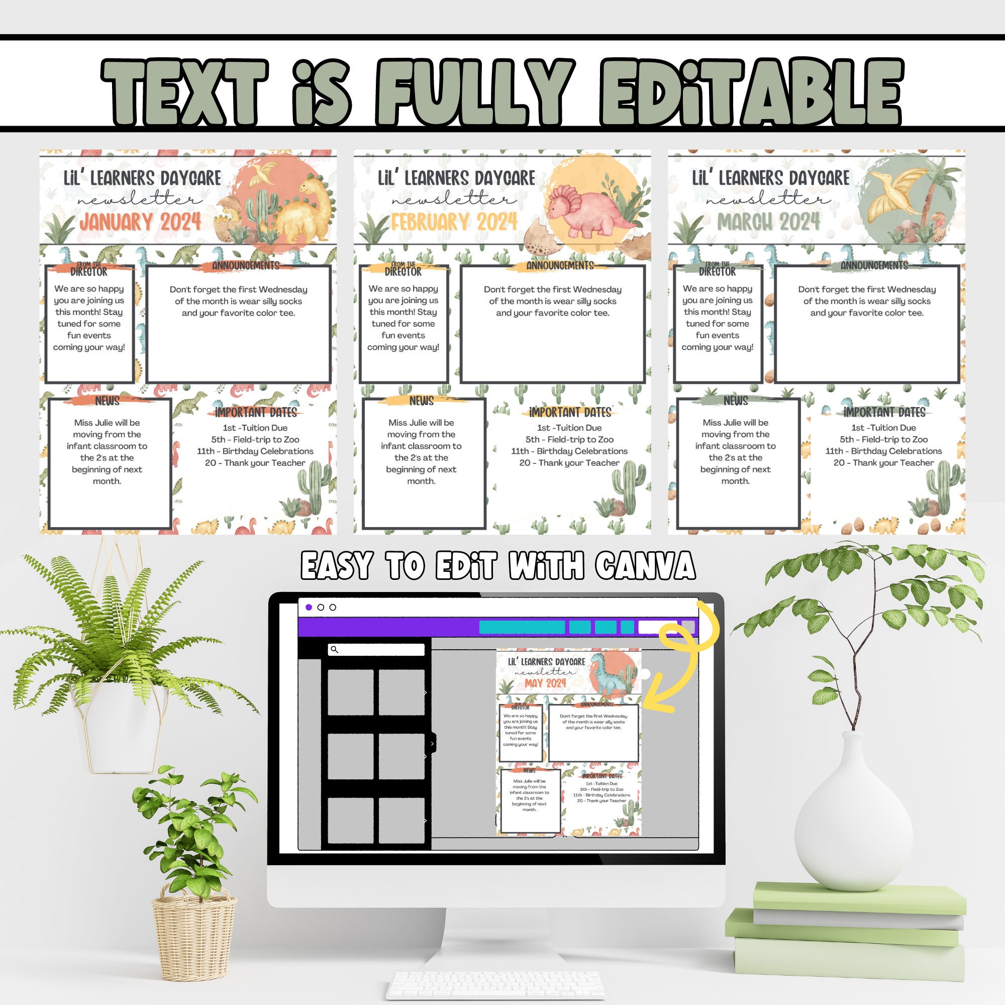 Yearly Daycare and Preschool Dinosaur Newsletter EDITABLE Templates ...