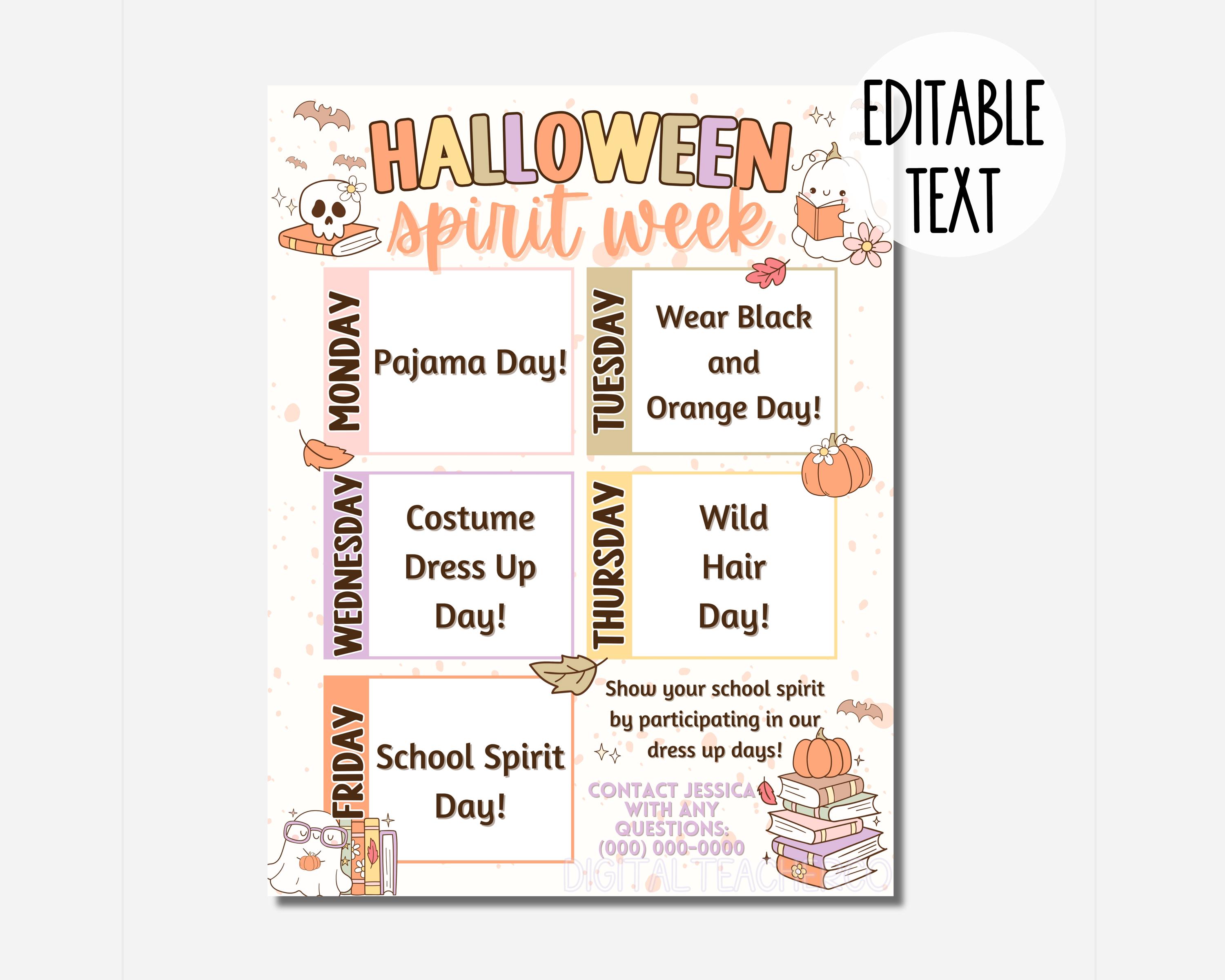 Cute Halloween School Spirit Week Schedule Fall Flyer Fundraiser for ...