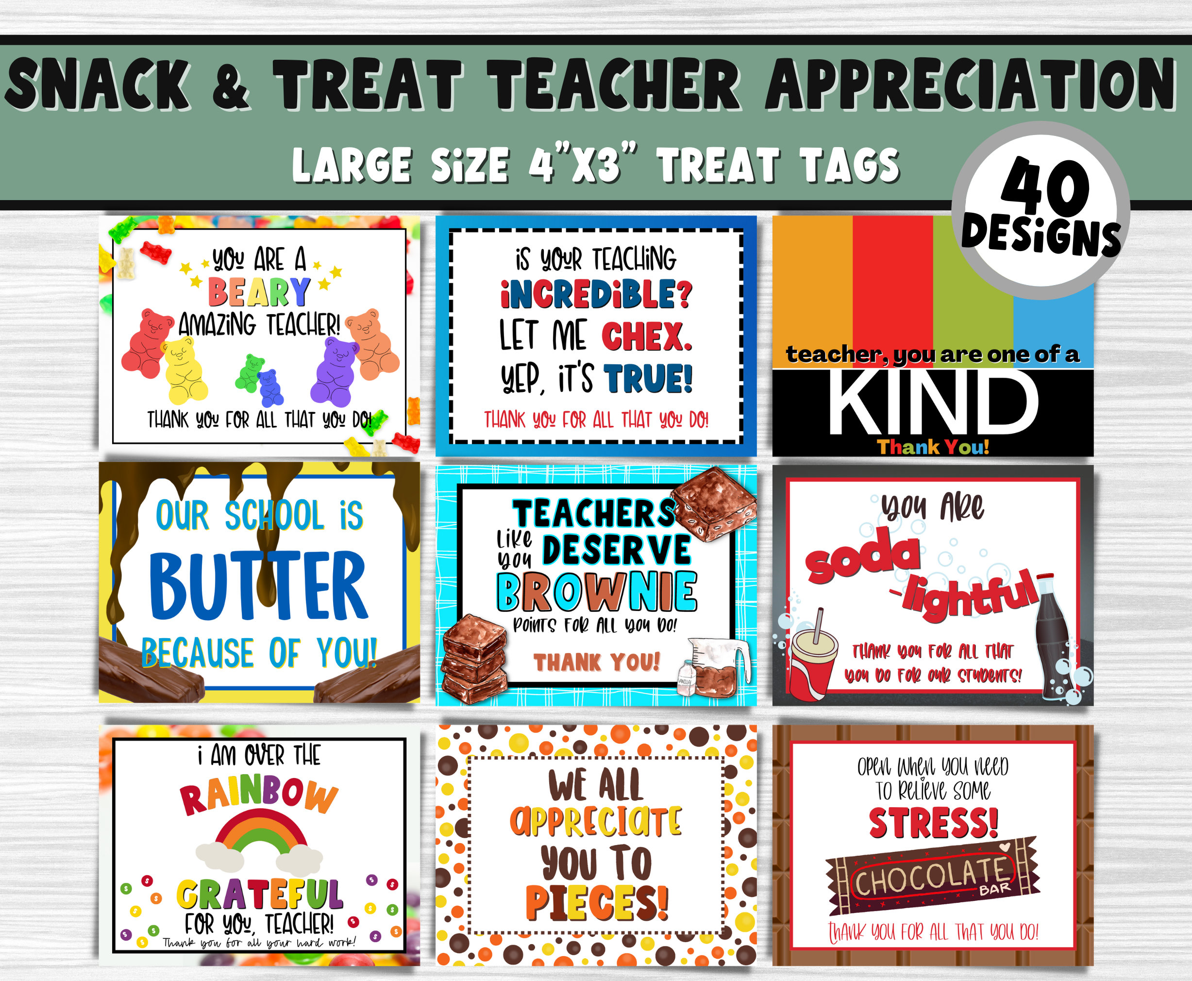 Snack & Candy TEACHER APPRECIATION Printable Tags | Large Size 4"x3 ...