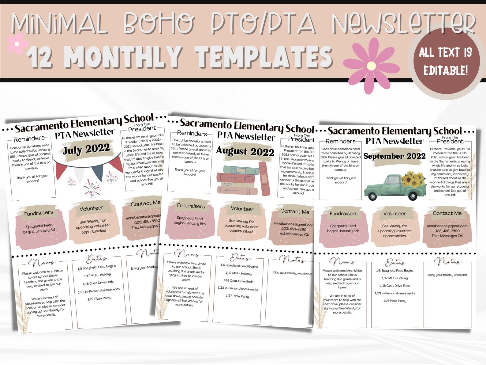 Yearly PTO/PTA Newsletter EDITABLE Template for School Minimal - Etsy