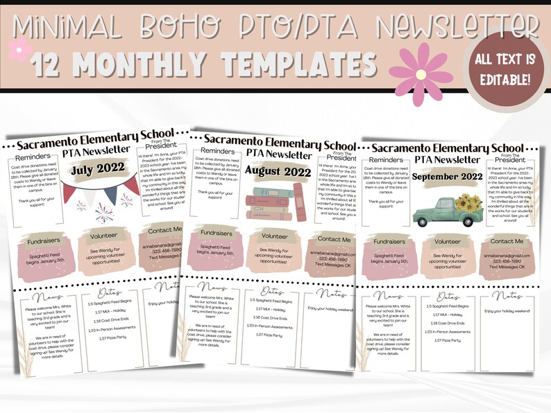 Yearly PTO/PTA Newsletter EDITABLE Template for School Minimal - Etsy