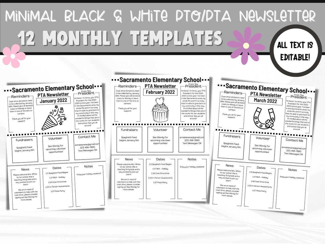 Yearly PTO PTA EDITABLE Newsletter Template for School. Parent Teacher ...