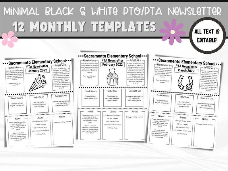 Yearly PTO PTA EDITABLE Newsletter Template for School. Parent Teacher ...