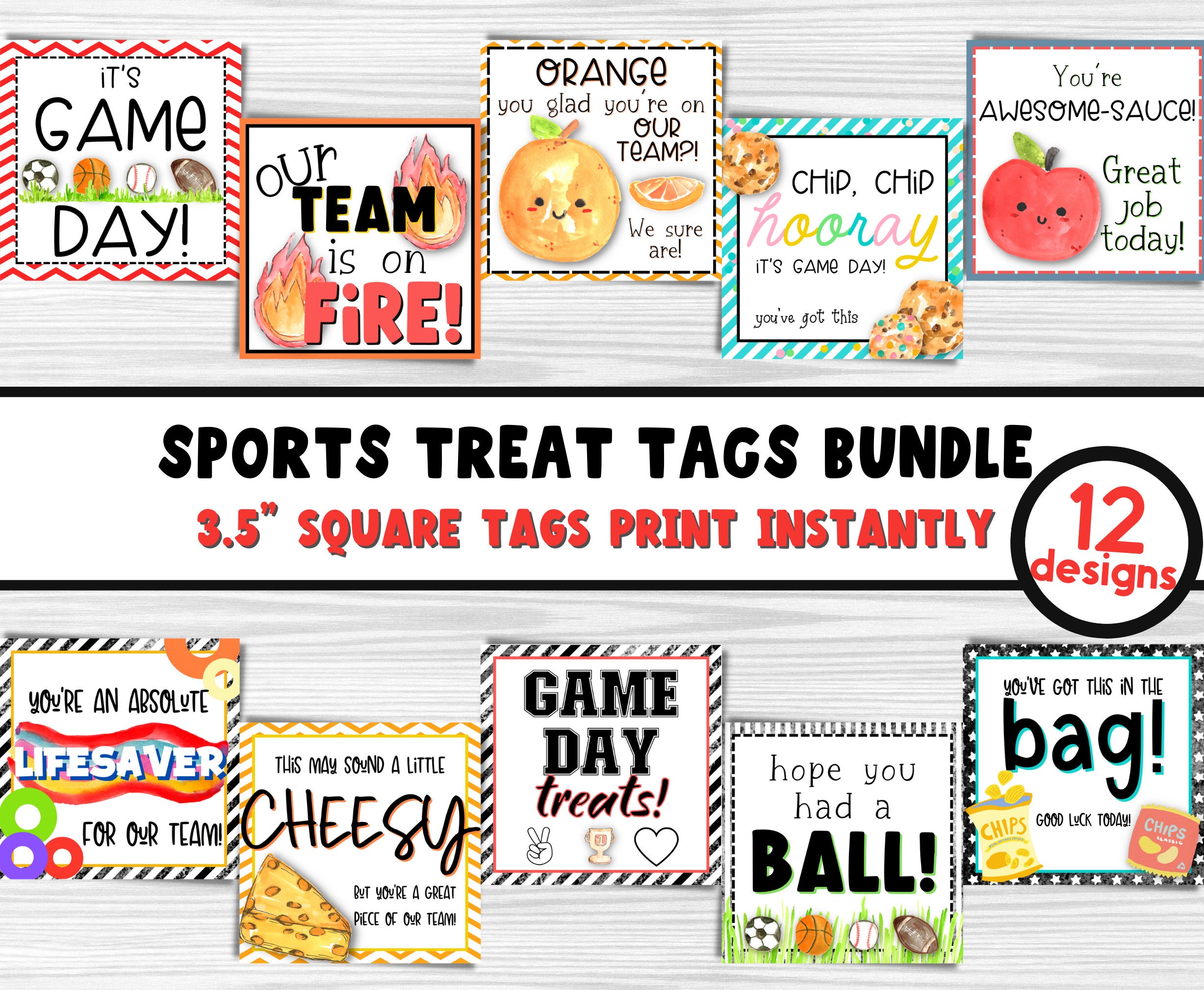 Sports Treat Tag Bundle of 12 Designs Chips, Blow Pop, Fruit & More ...