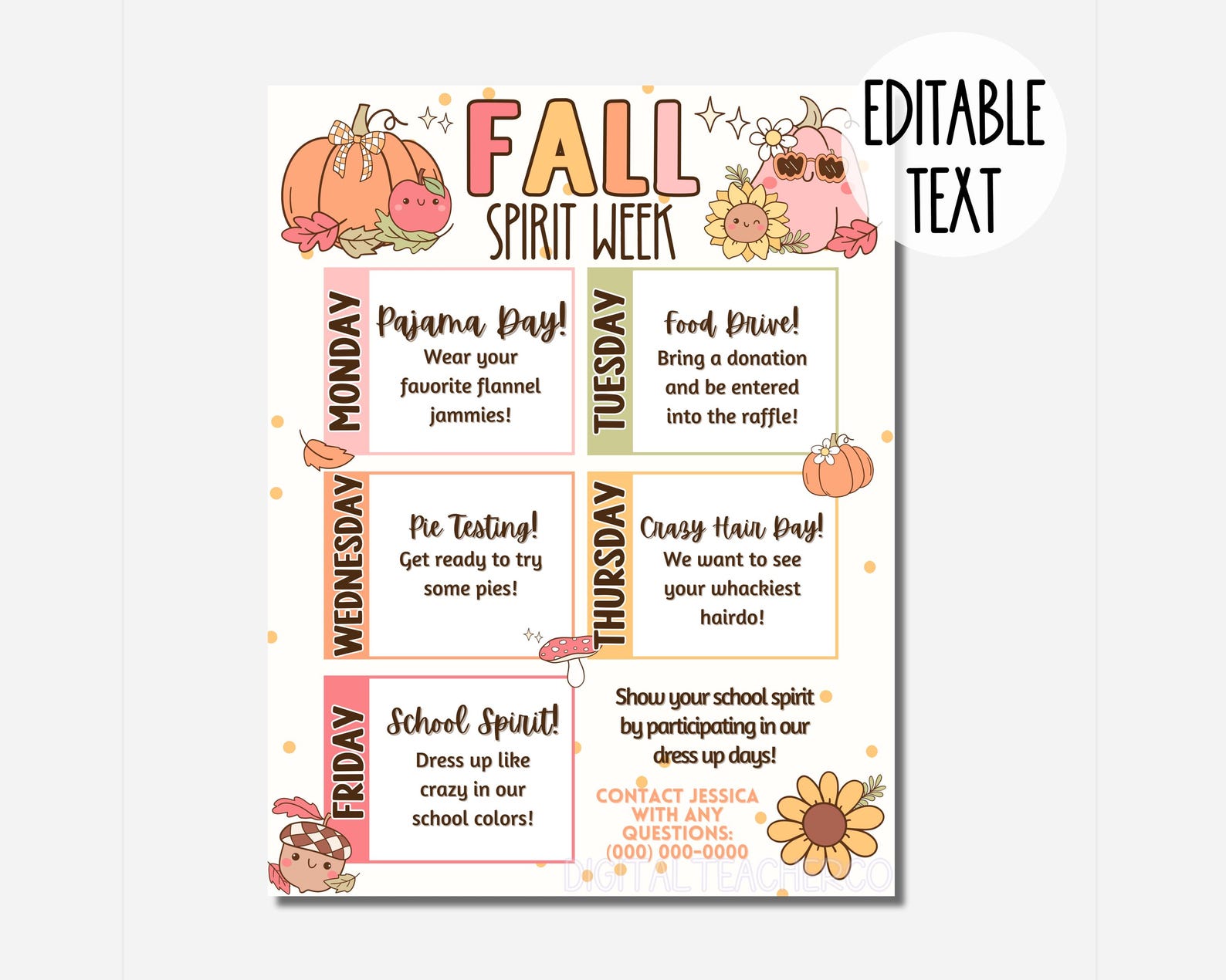Cute Fall Spirit Week Editable Itinerary Schedule | Printable DIY ...