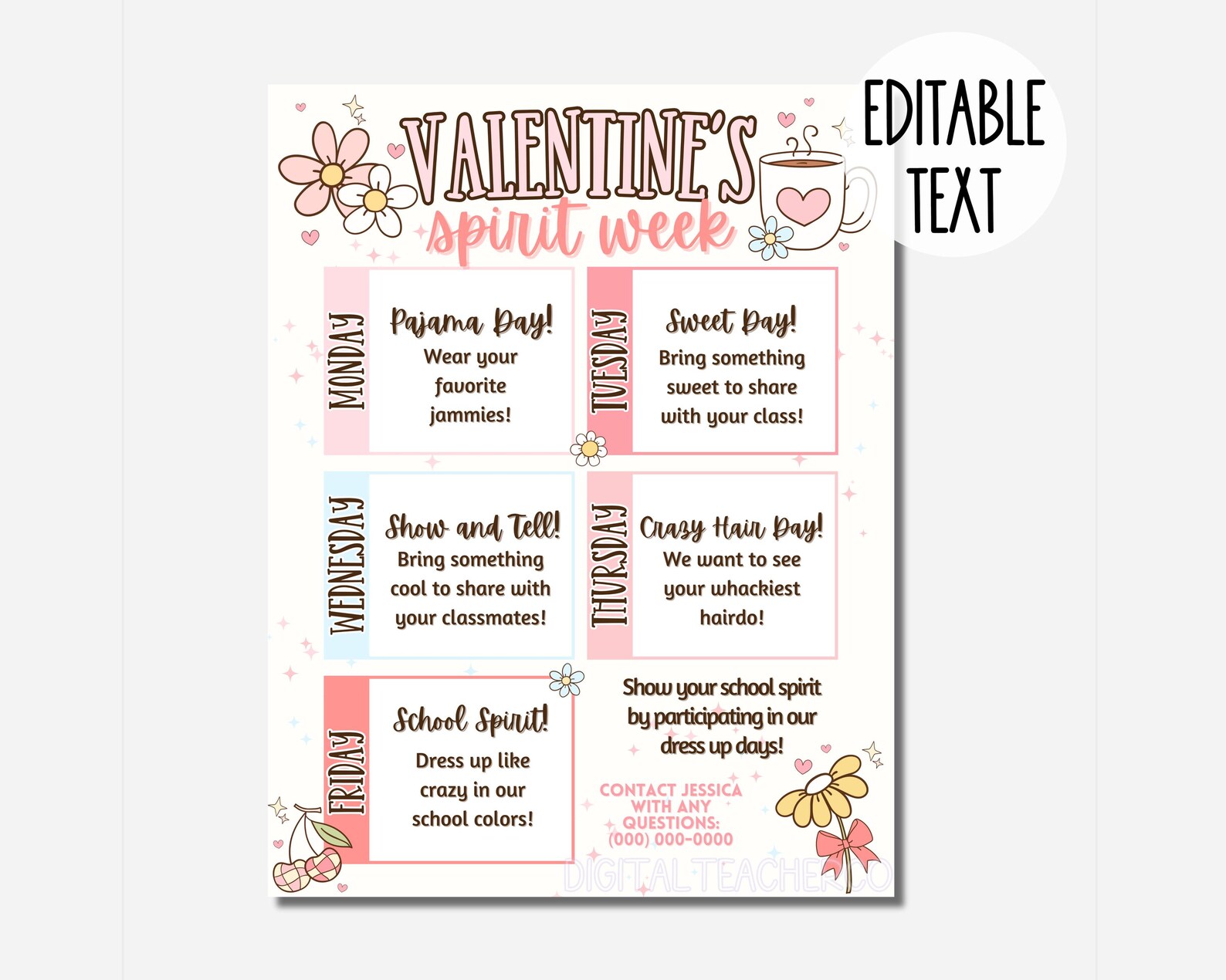 Cute Valentine's Spirit Week Editable Itinerary Schedule | Printable ...