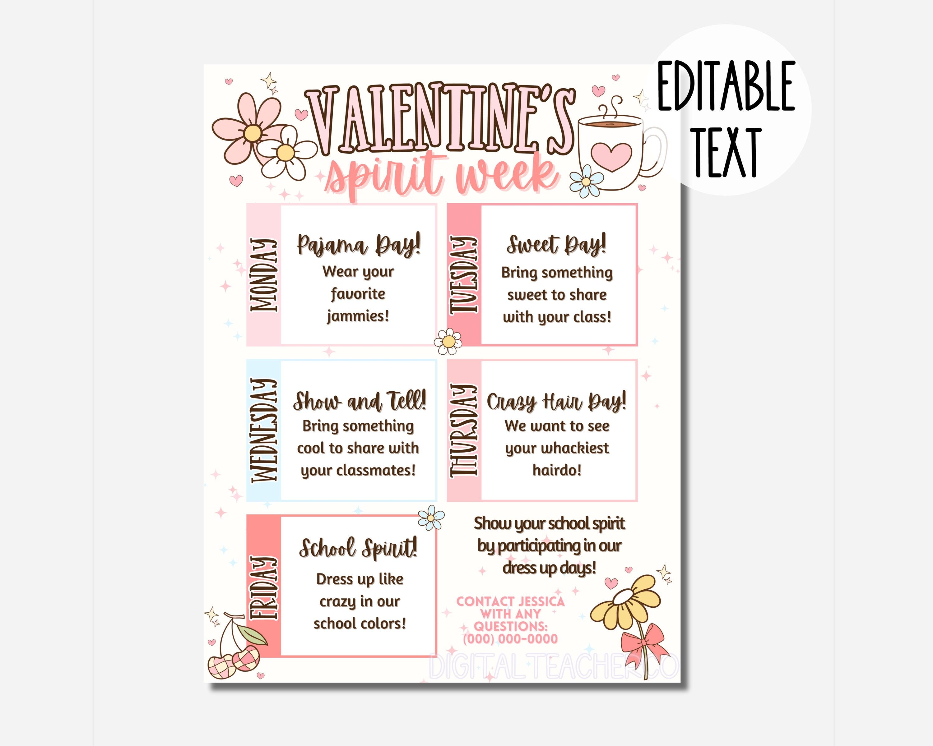 Cute Valentine's Spirit Week Editable Itinerary Schedule | Printable ...