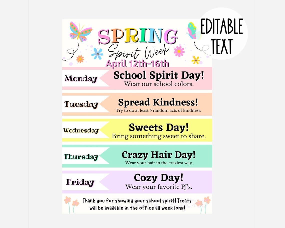 Spring Spirit Week Editable Itinerary Schedule | Printable DIY Spirit ...