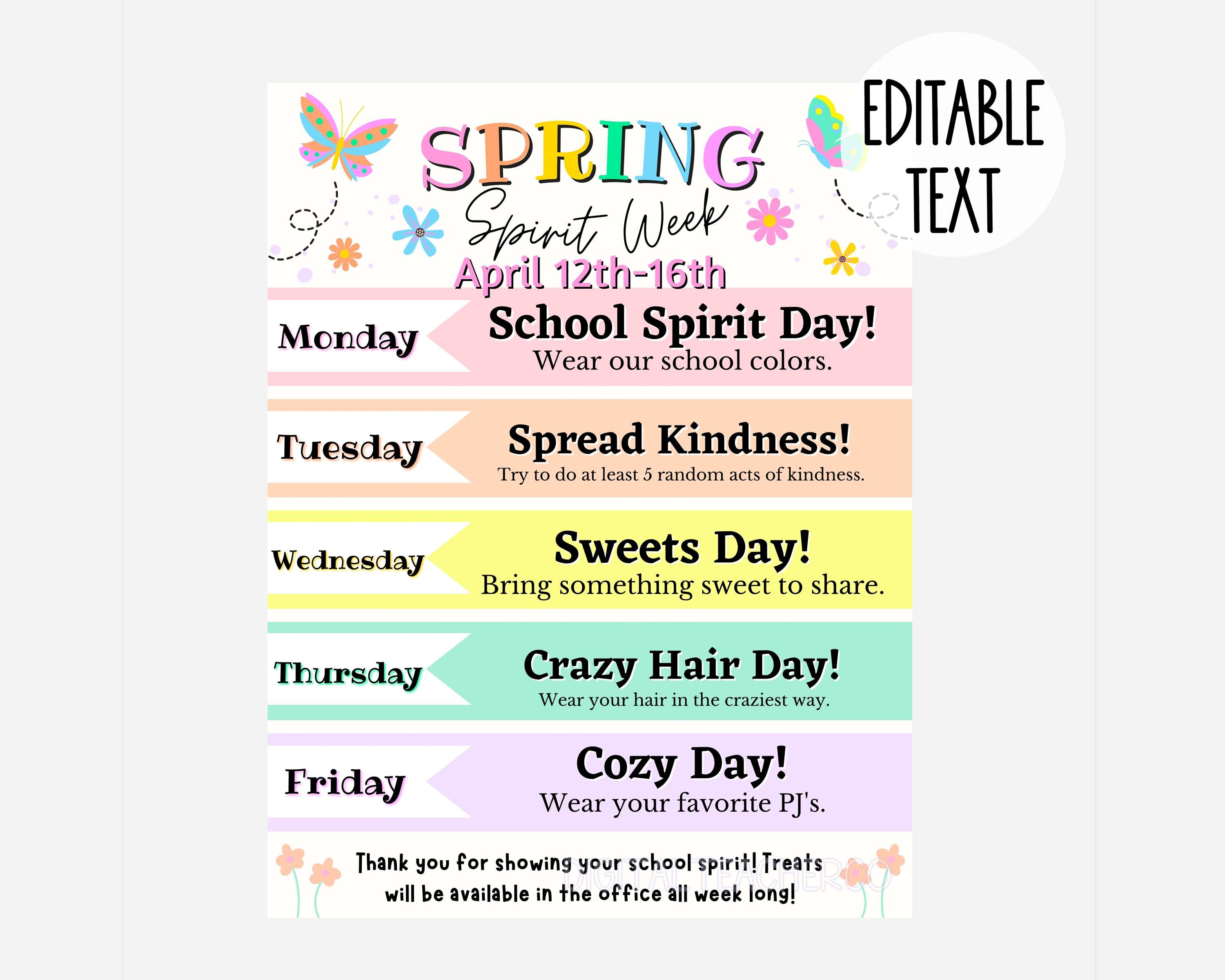 Spring Spirit Week Editable Itinerary Schedule | Printable DIY Spirit ...