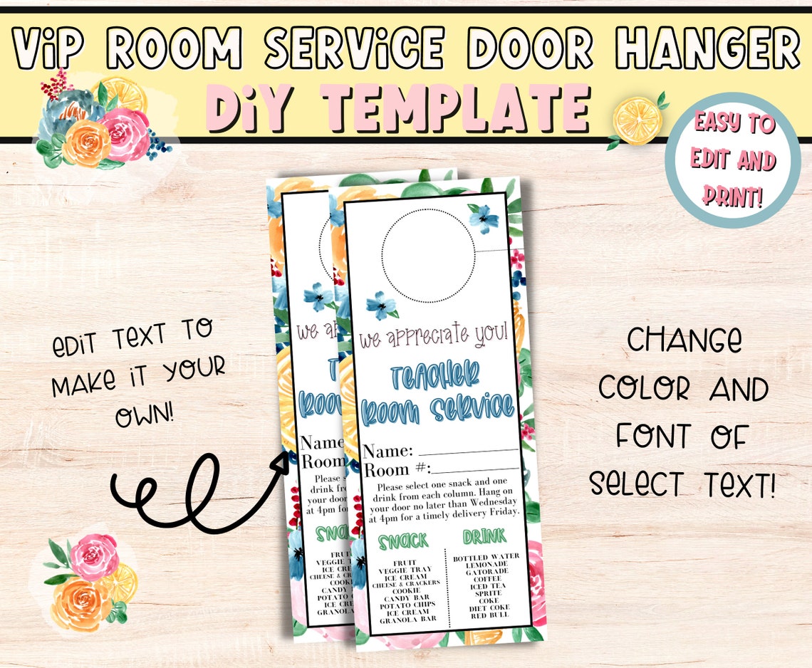 Teacher Appreciation Editable Door Hanger VIP Room Service | Printable ...