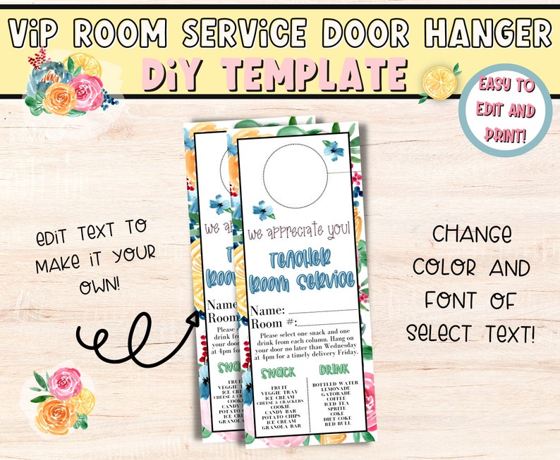 Teacher Appreciation Editable Door Hanger VIP Room Service | Printable ...