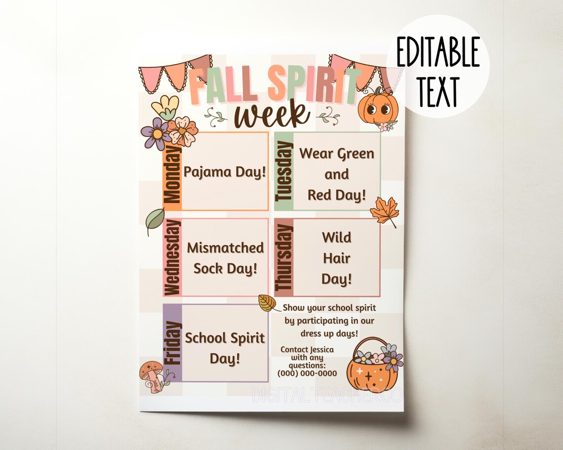 Cute Fall School Spirit Week Schedule Fall Flyer Fundraiser for PTO/PTA ...