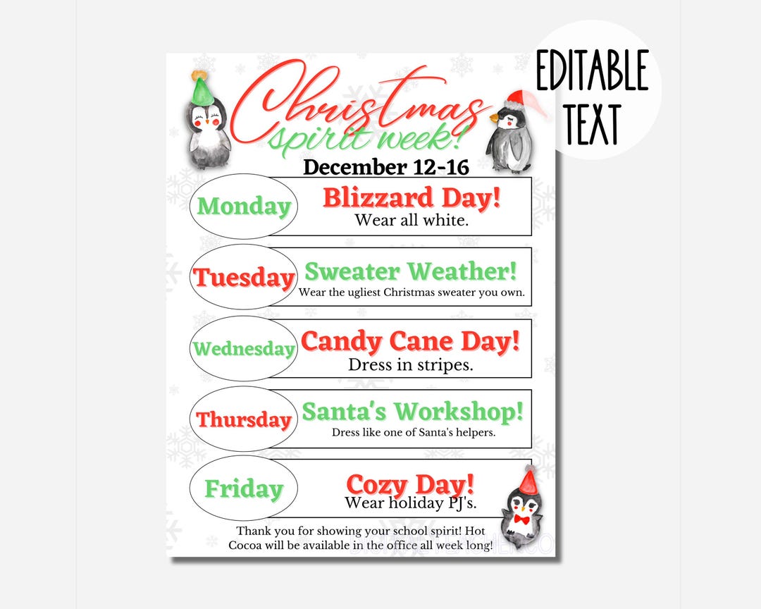 Christmas School Spirit Week Editable Itinerary Schedule | Printable ...
