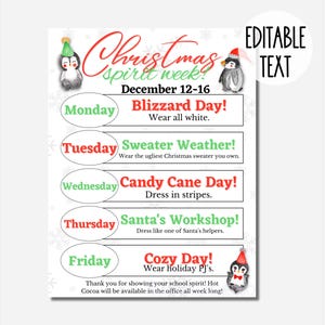 Christmas School Spirit Week Editable Itinerary Schedule | Printable ...