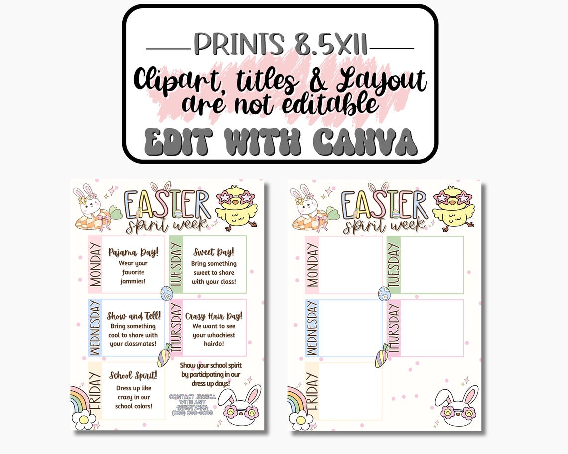 Cute Easter Spirit Week Editable Itinerary Schedule | Printable DIY ...