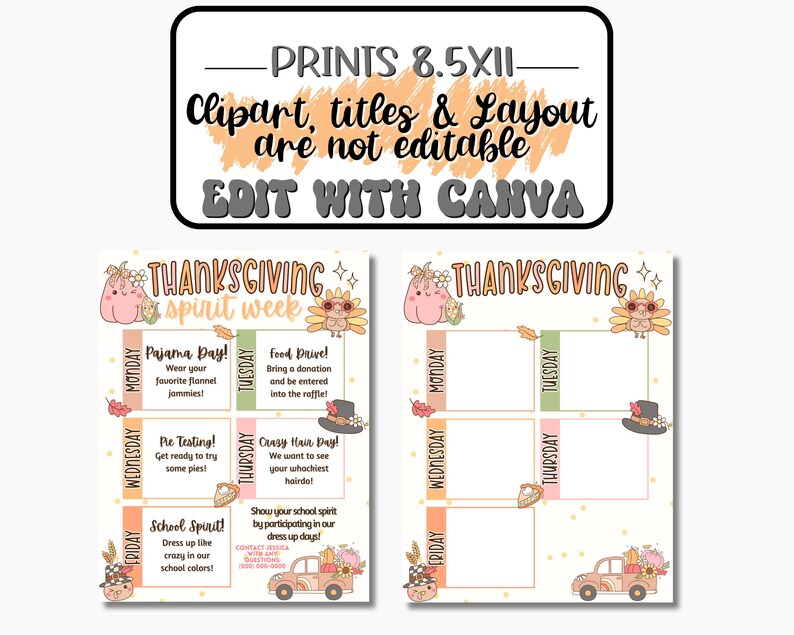 Cute Thanksgiving School Spirit Week Schedule Fall Flyer Fundraiser for ...