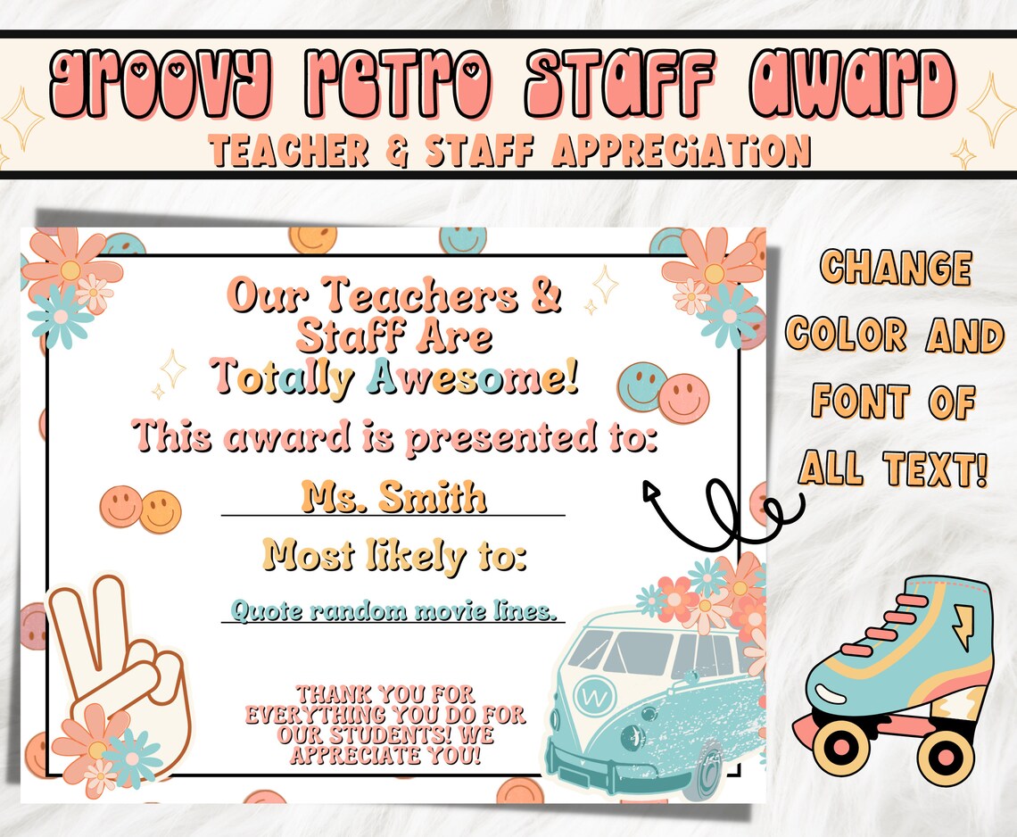 Groovy Retro Teacher Appreciation Editable Staff Award | Printable DIY ...