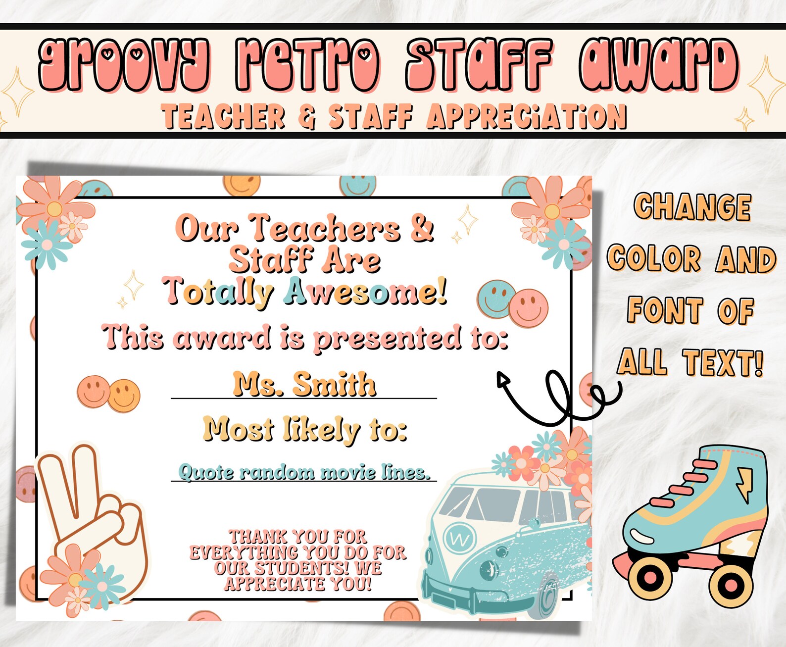 Groovy Retro Teacher Appreciation Editable Staff Award Printable DIY ...