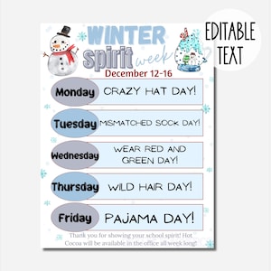 Winter Spirit Week Editable Itinerary Schedule | Printable DIY Spirit ...