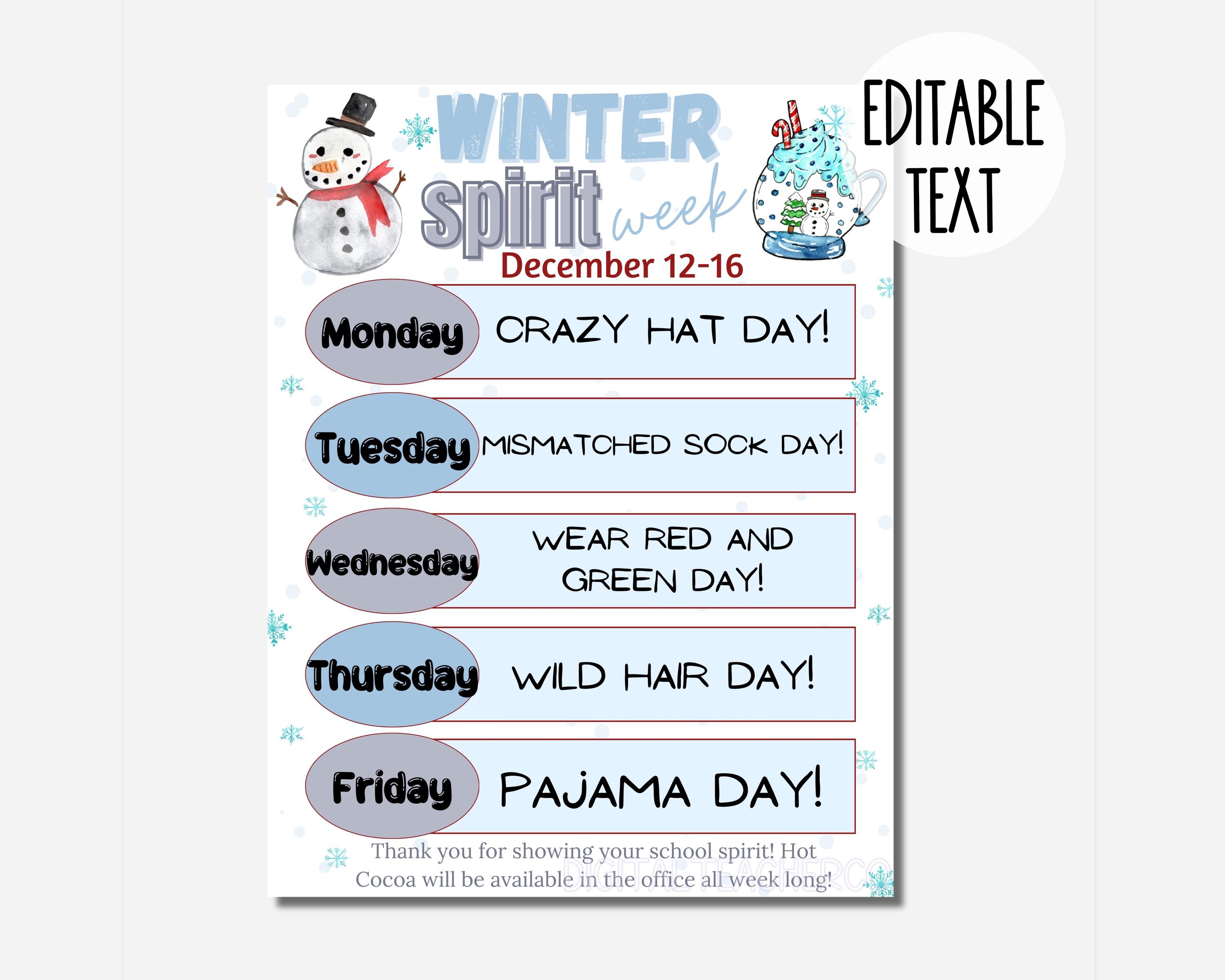 Winter Spirit Week Editable Itinerary Schedule | Printable DIY Spirit ...