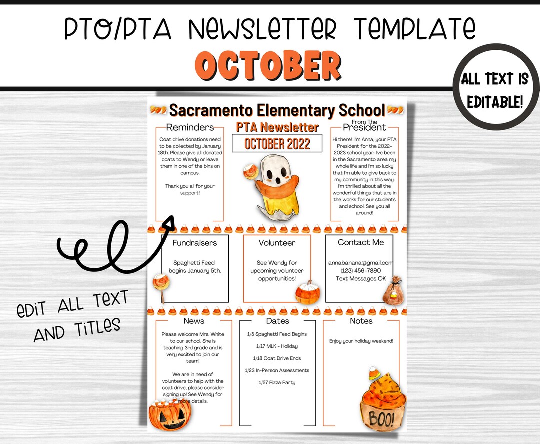October PTO/PTA Newsletter EDITABLE Template for School. Parent Teacher ...