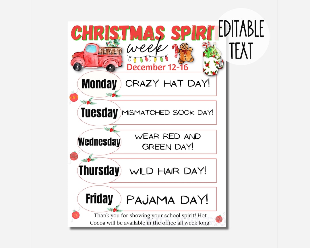 Christmas Spirit Week Editable Itinerary Schedule | Printable DIY ...