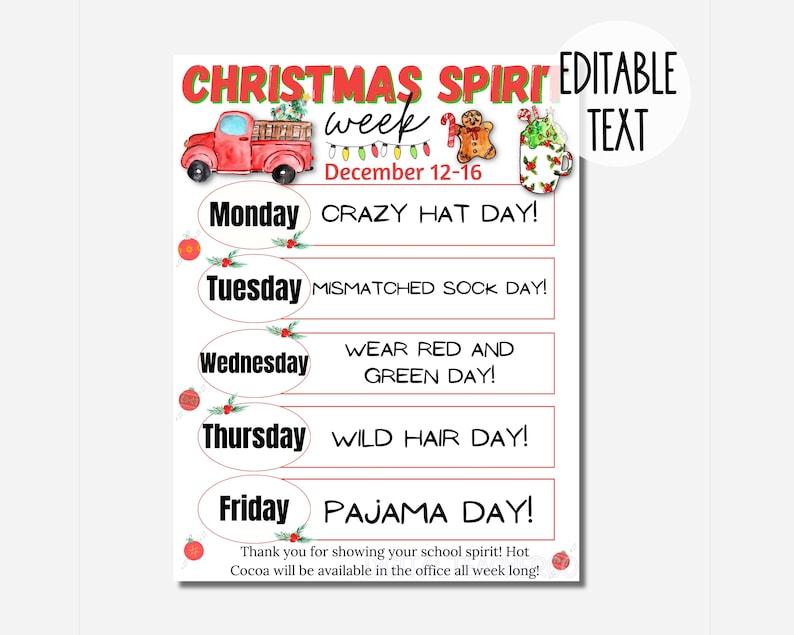 Christmas Spirit Week Editable Itinerary Schedule | Printable DIY ...