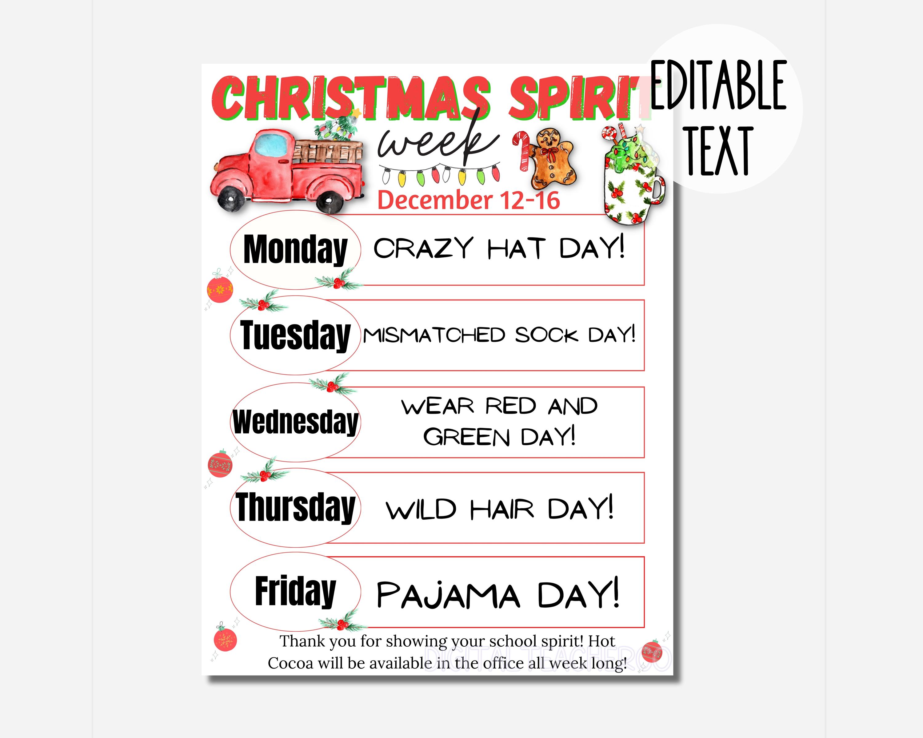 Christmas Spirit Week Editable Itinerary Schedule | Printable DIY ...