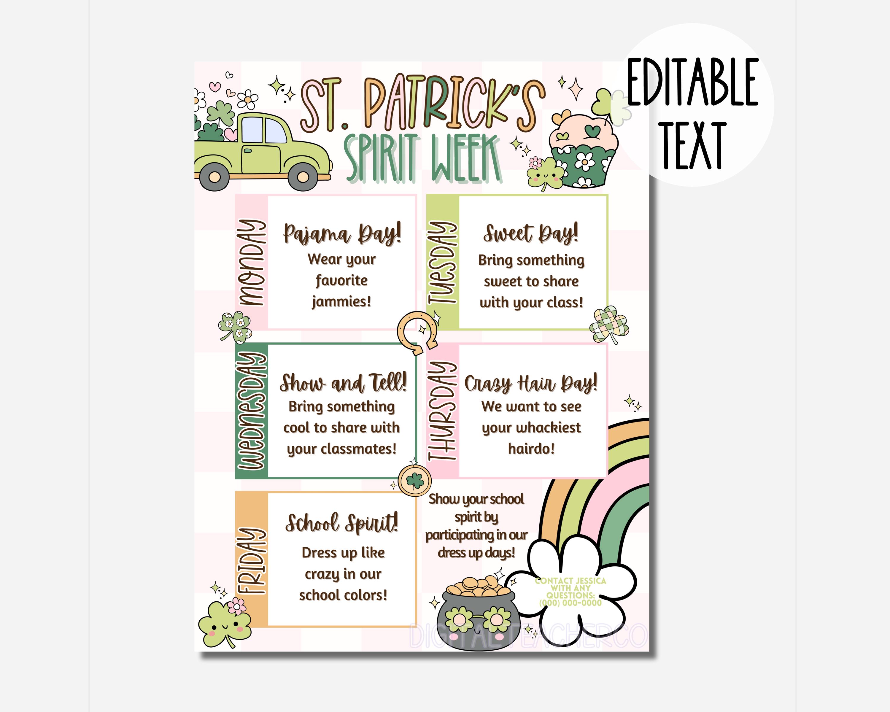 Cute St. Patrick's Spirit Week Editable Itinerary Schedule | Printable ...