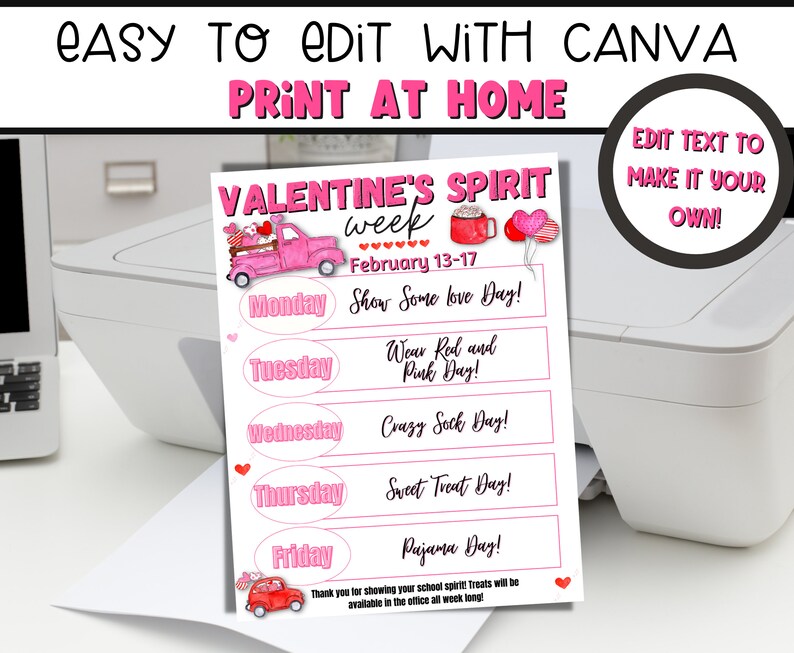 Valentine's Spirit Week Editable Itinerary Schedule | Printable DIY ...