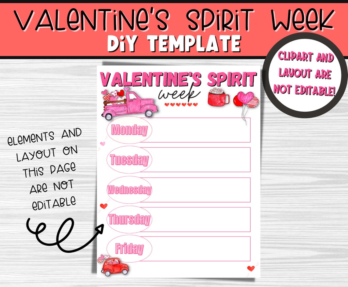 Valentine's Spirit Week Editable Itinerary Schedule Printable DIY ...