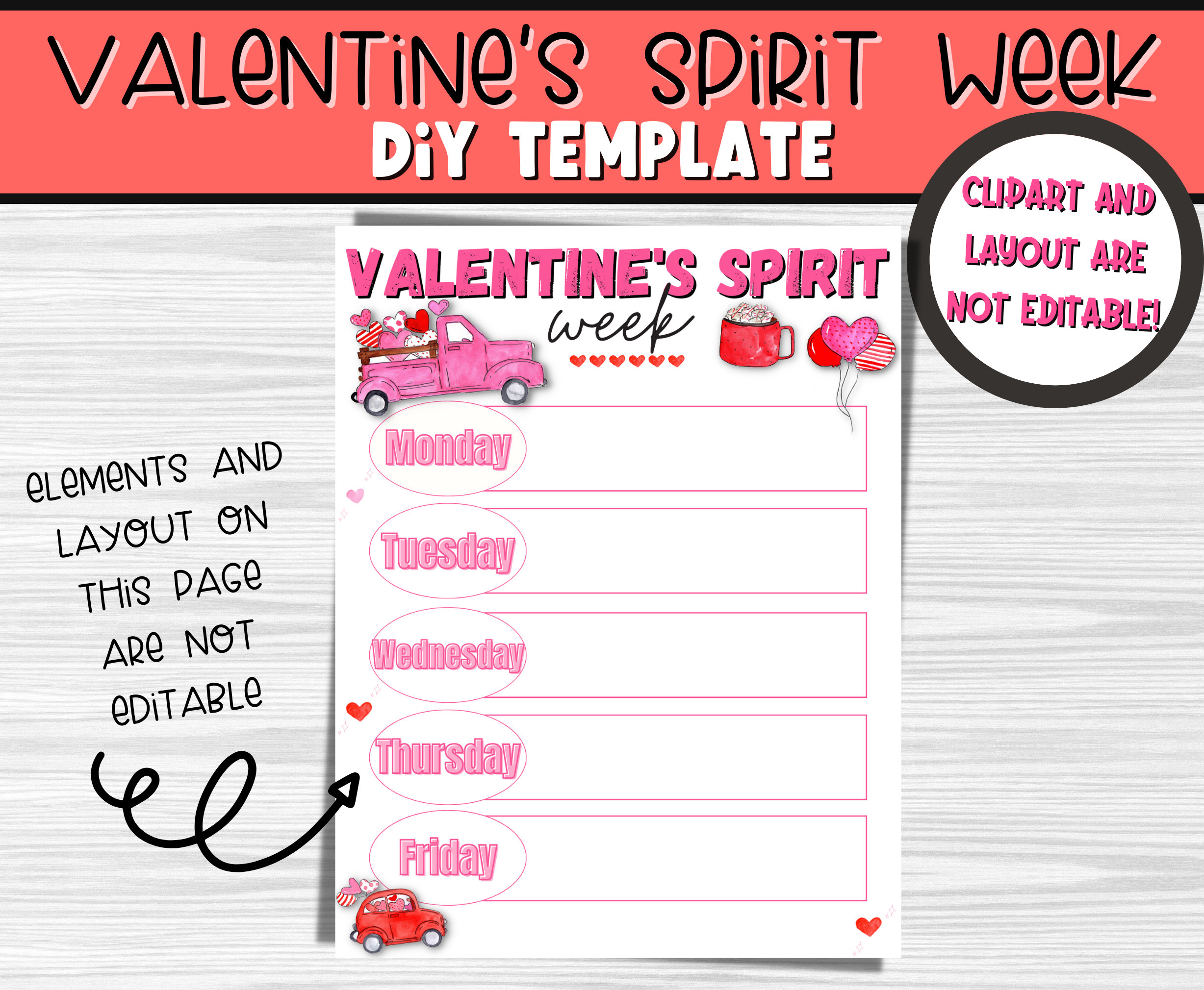 Valentine's Spirit Week Editable Itinerary Schedule | Printable DIY ...