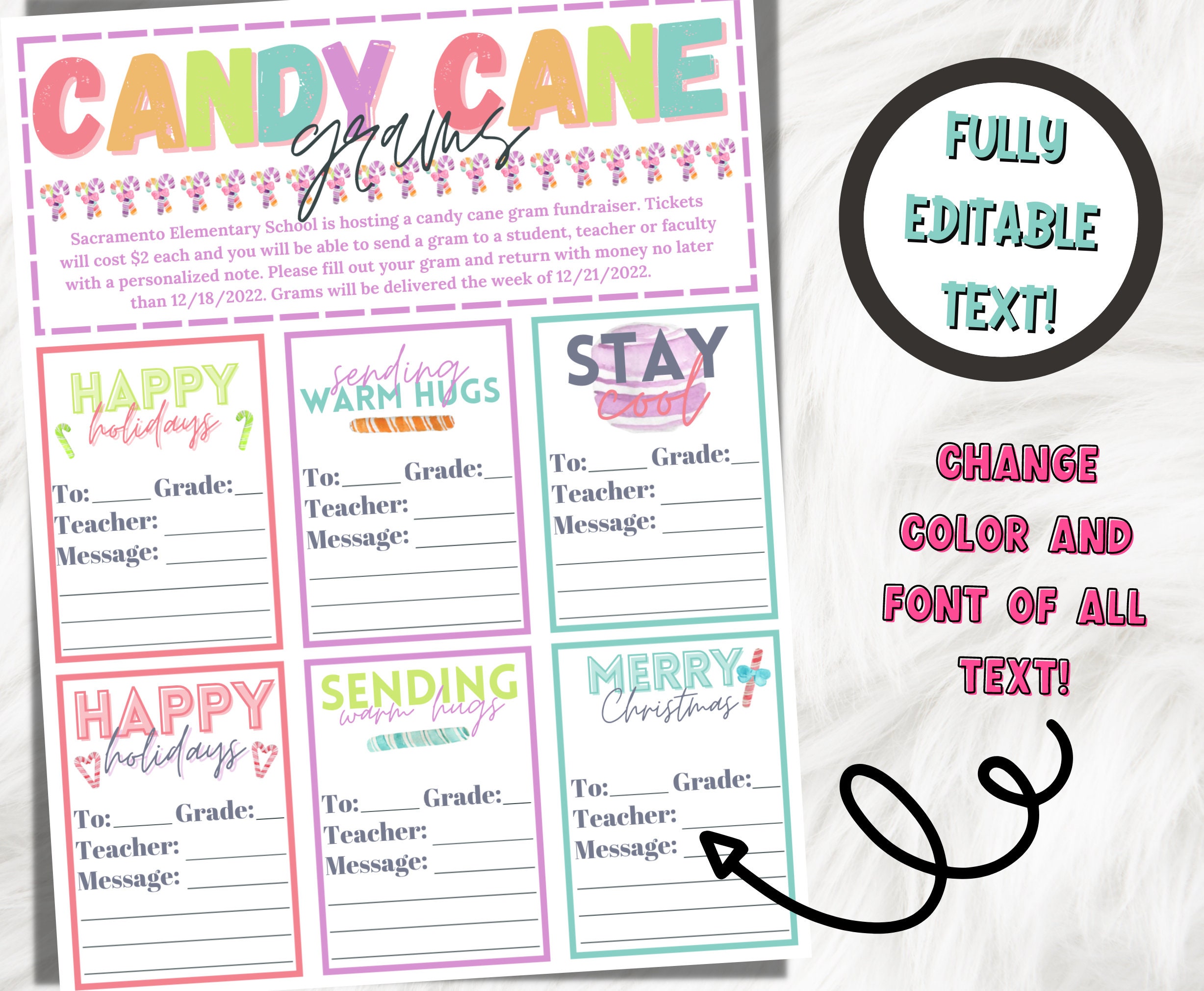 Candy Cane Gram School Fundraiser Flyer for PTA PTO Christmas Events ...