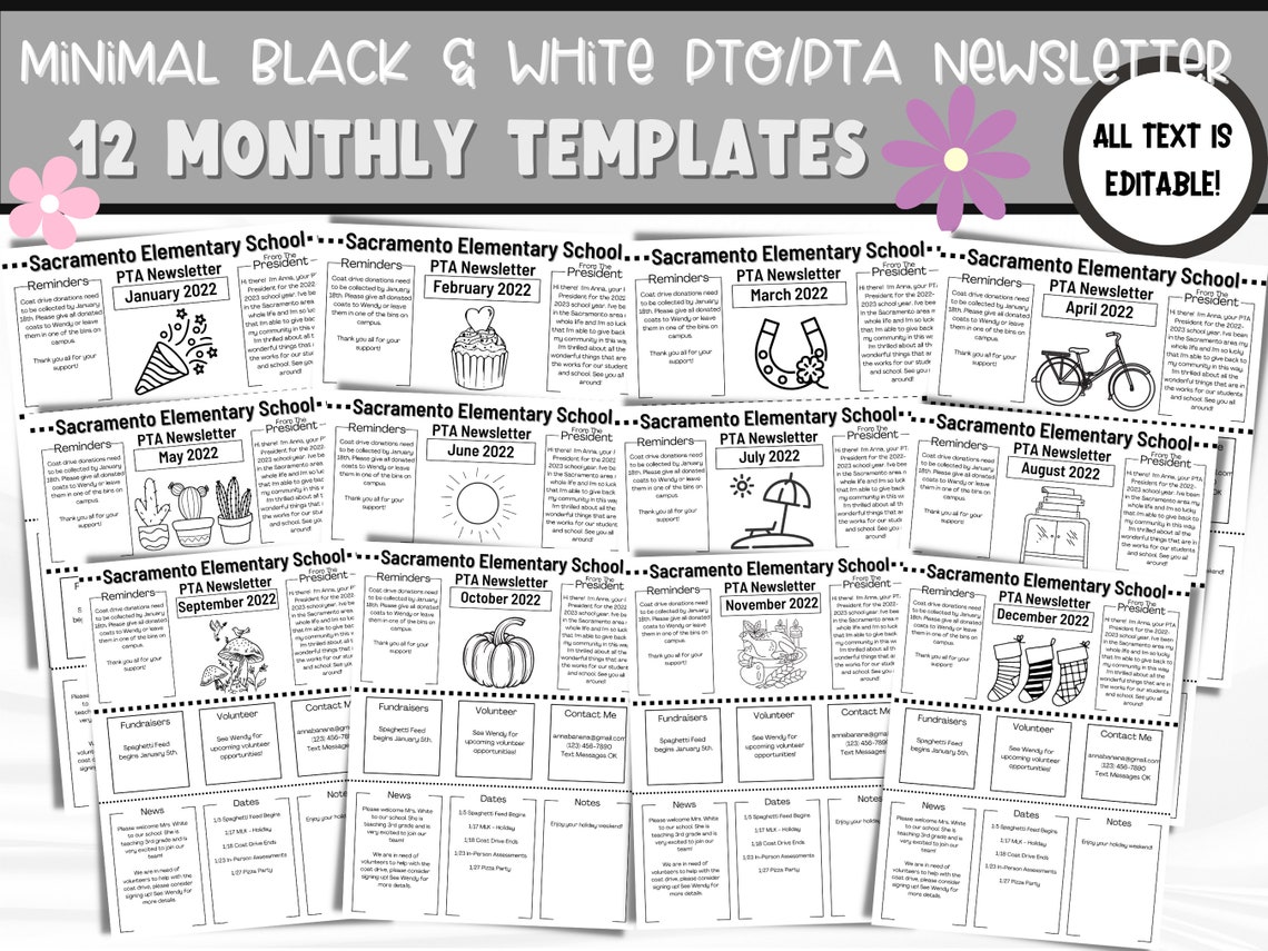 Yearly PTO PTA EDITABLE Newsletter Template for School. Parent Teacher ...