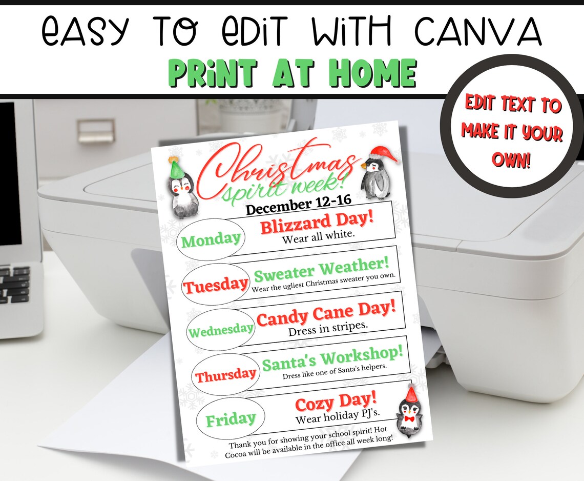 Christmas School Spirit Week Editable Itinerary Schedule Printable DIY ...