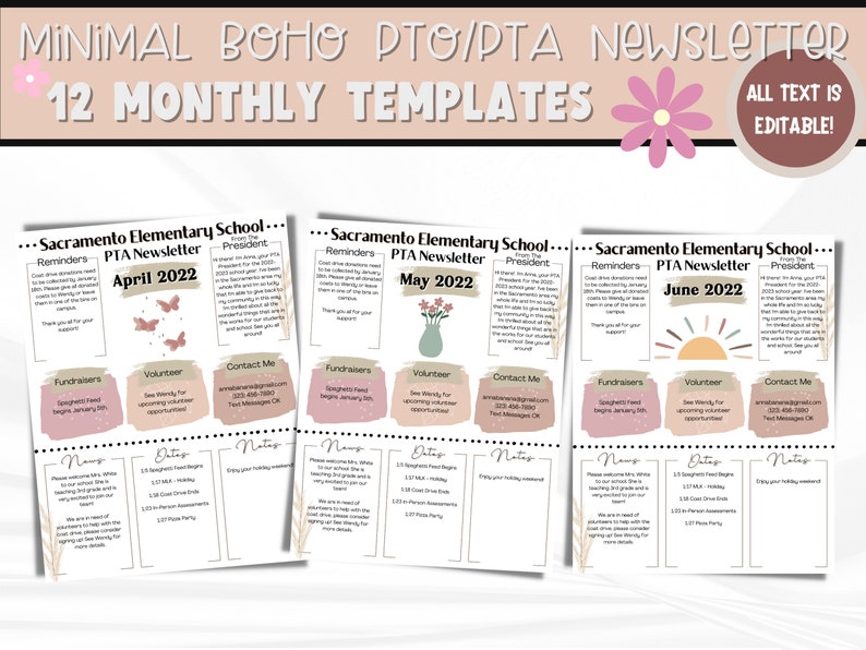 Yearly PTO/PTA Newsletter EDITABLE Template for School Minimal - Etsy