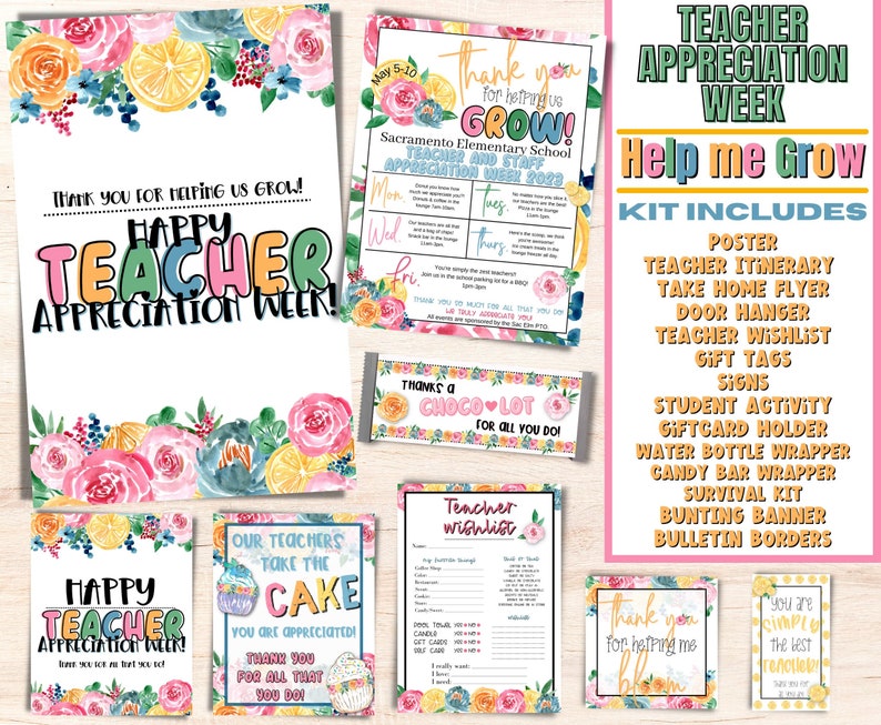 Teacher Appreciation Week Printable Editable Floral Grow Bloom Bundle ...