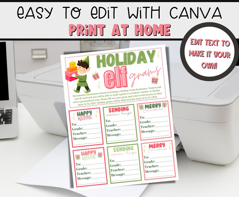 Holiday Elf Gram School Fundraiser Flyer for PTA PTO Christmas Events ...