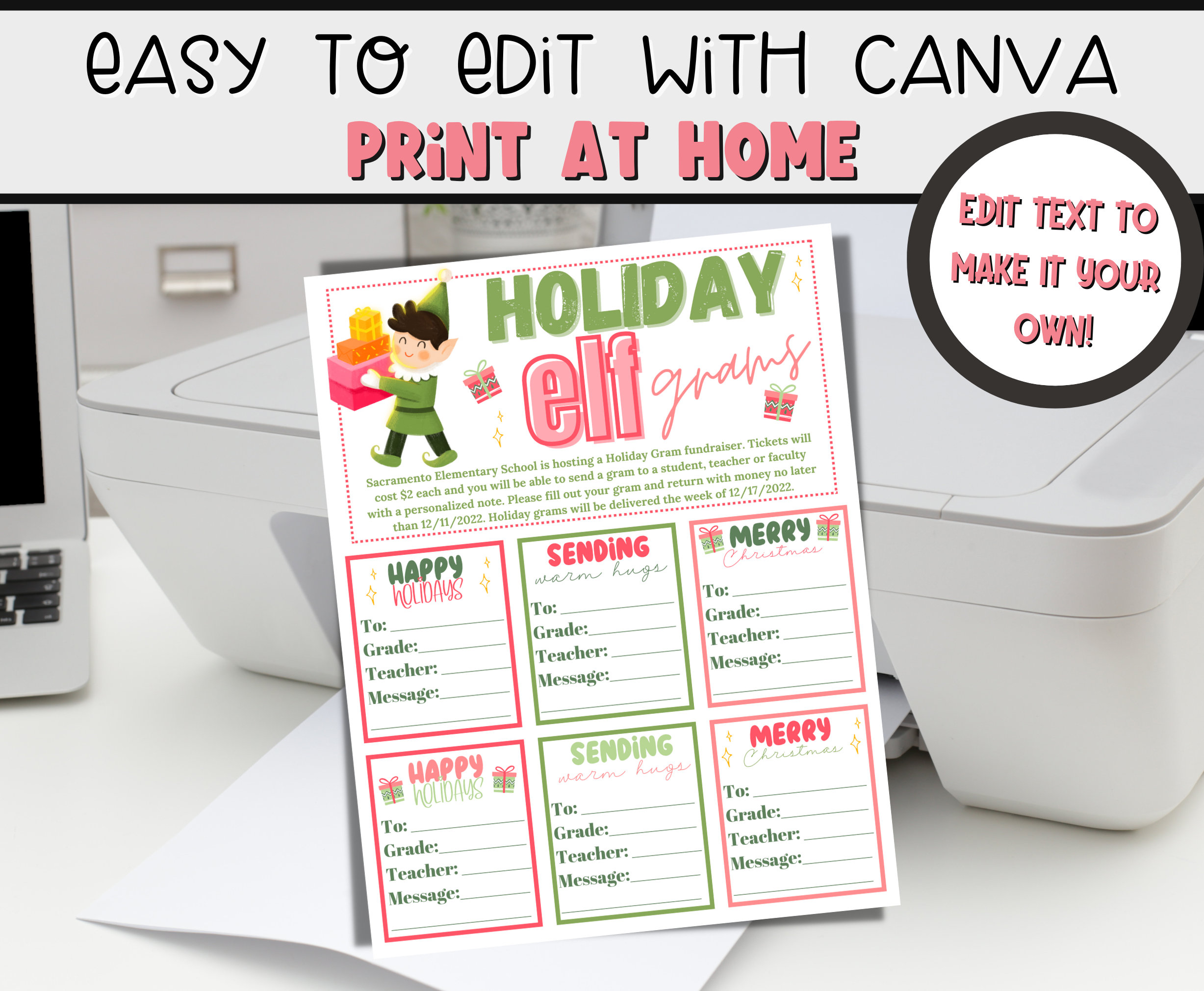 Holiday Elf Gram School Fundraiser Flyer for PTA PTO Christmas Events ...