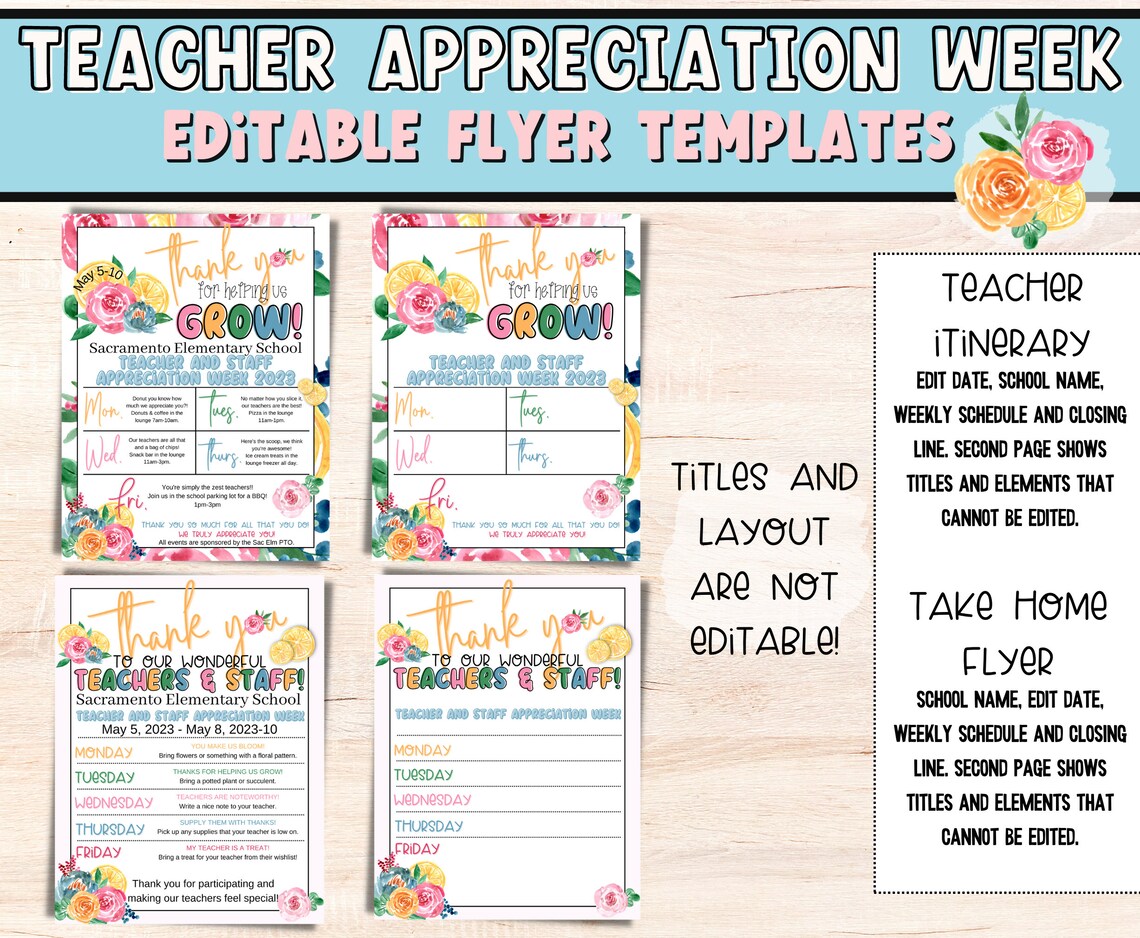 Teacher Appreciation Week Printable Editable Floral Grow Bloom Mini ...
