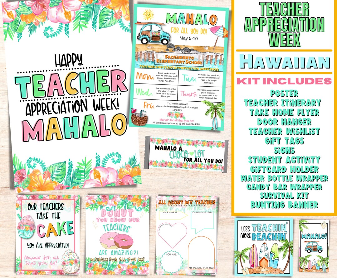 Mahalo Teacher Appreciation Week Printable Editable Hawaiian Theme ...
