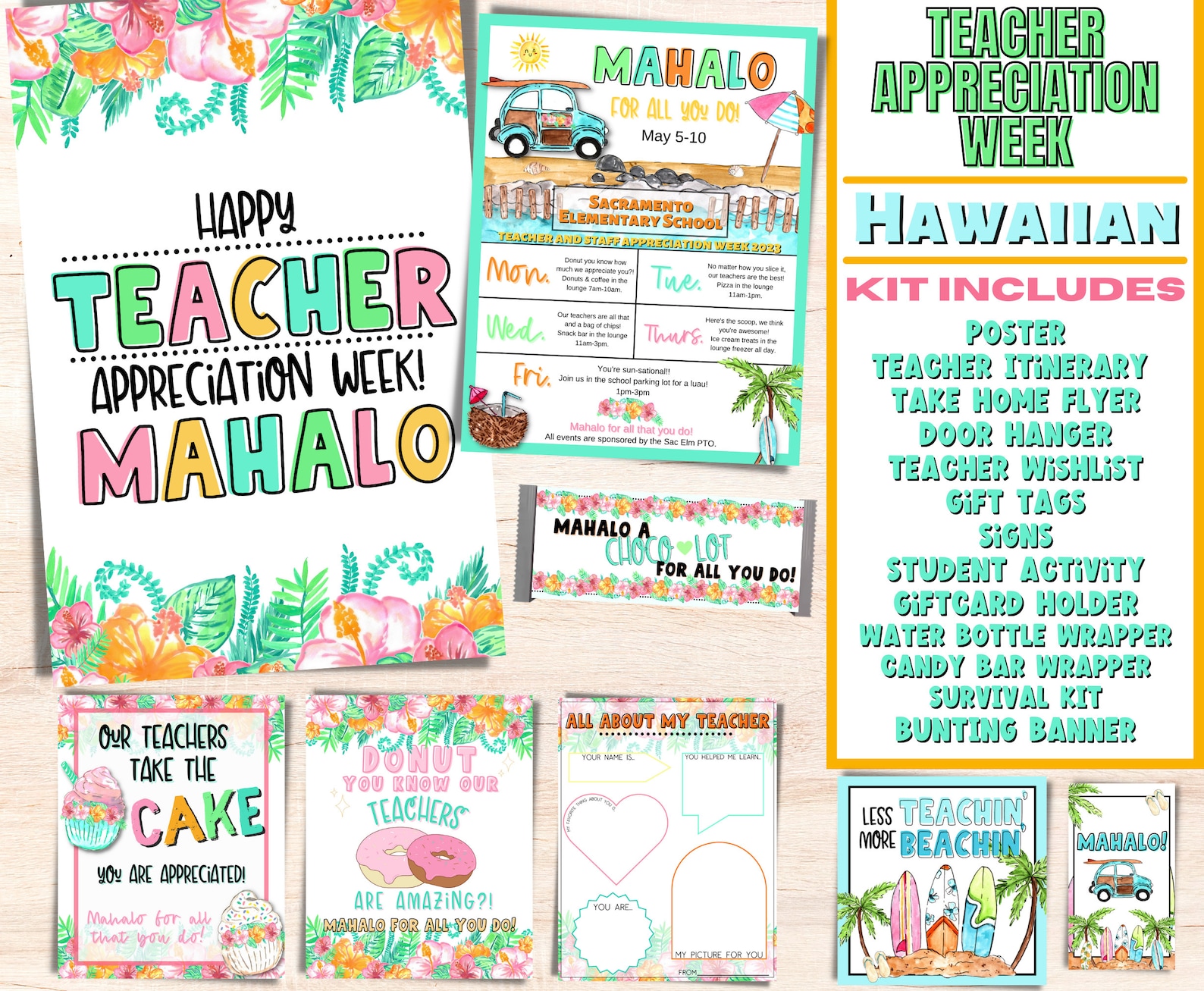 Mahalo Teacher Appreciation Week Printable Editable Hawaiian Theme ...