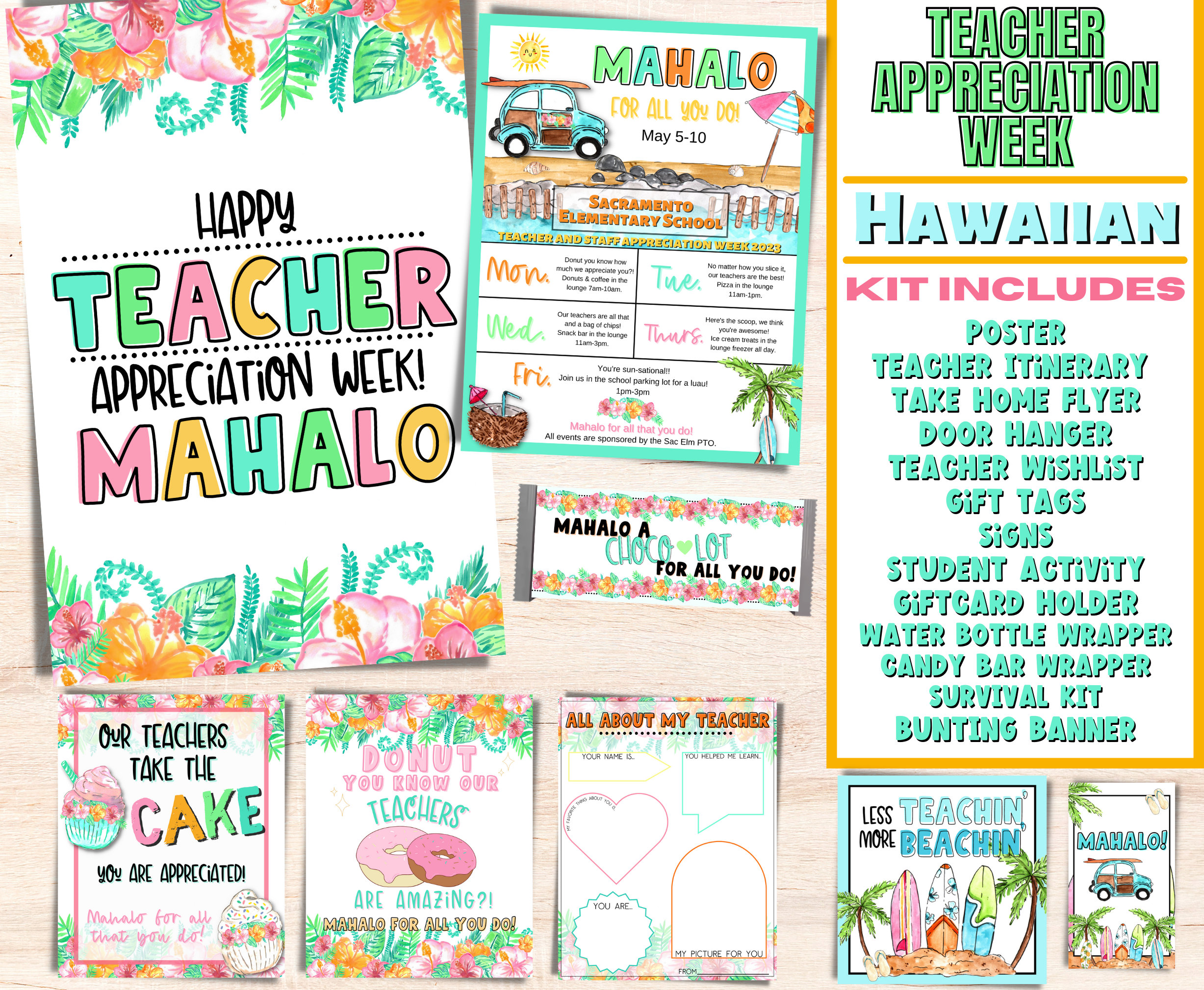 Mahalo Teacher Appreciation Week Printable Editable Hawaiian Theme ...