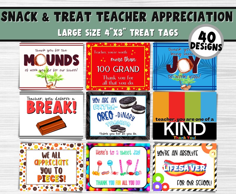 Snack & Candy TEACHER APPRECIATION Printable Tags Large Size 4x3 School ...
