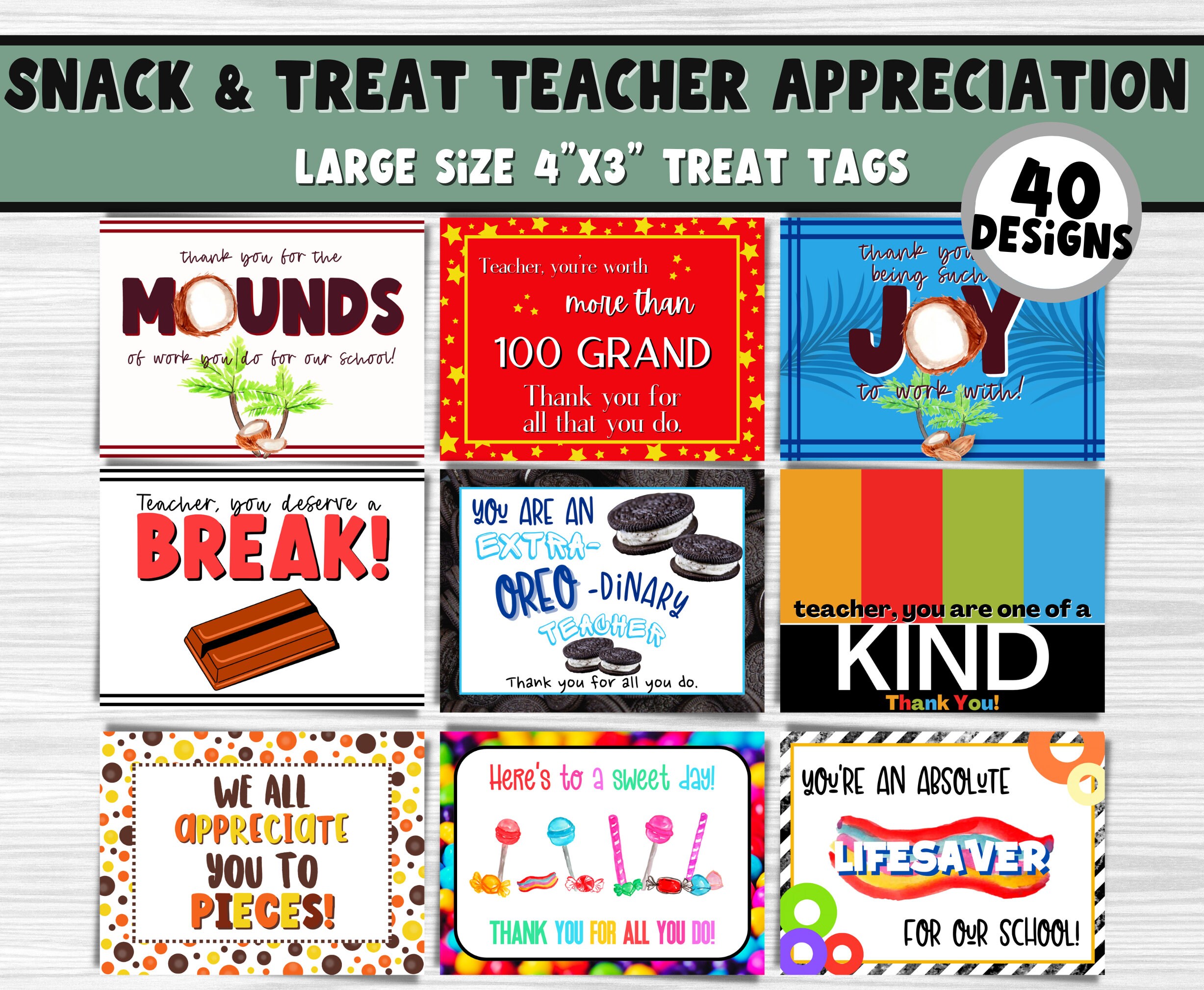 Snack & Candy TEACHER APPRECIATION Printable Tags Large Size 4x3 School ...