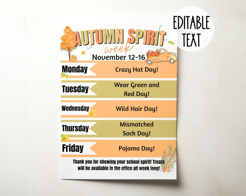 Autumn School Spirit Week Schedule Fall Flyer Fundraiser for PTO/PTA ...