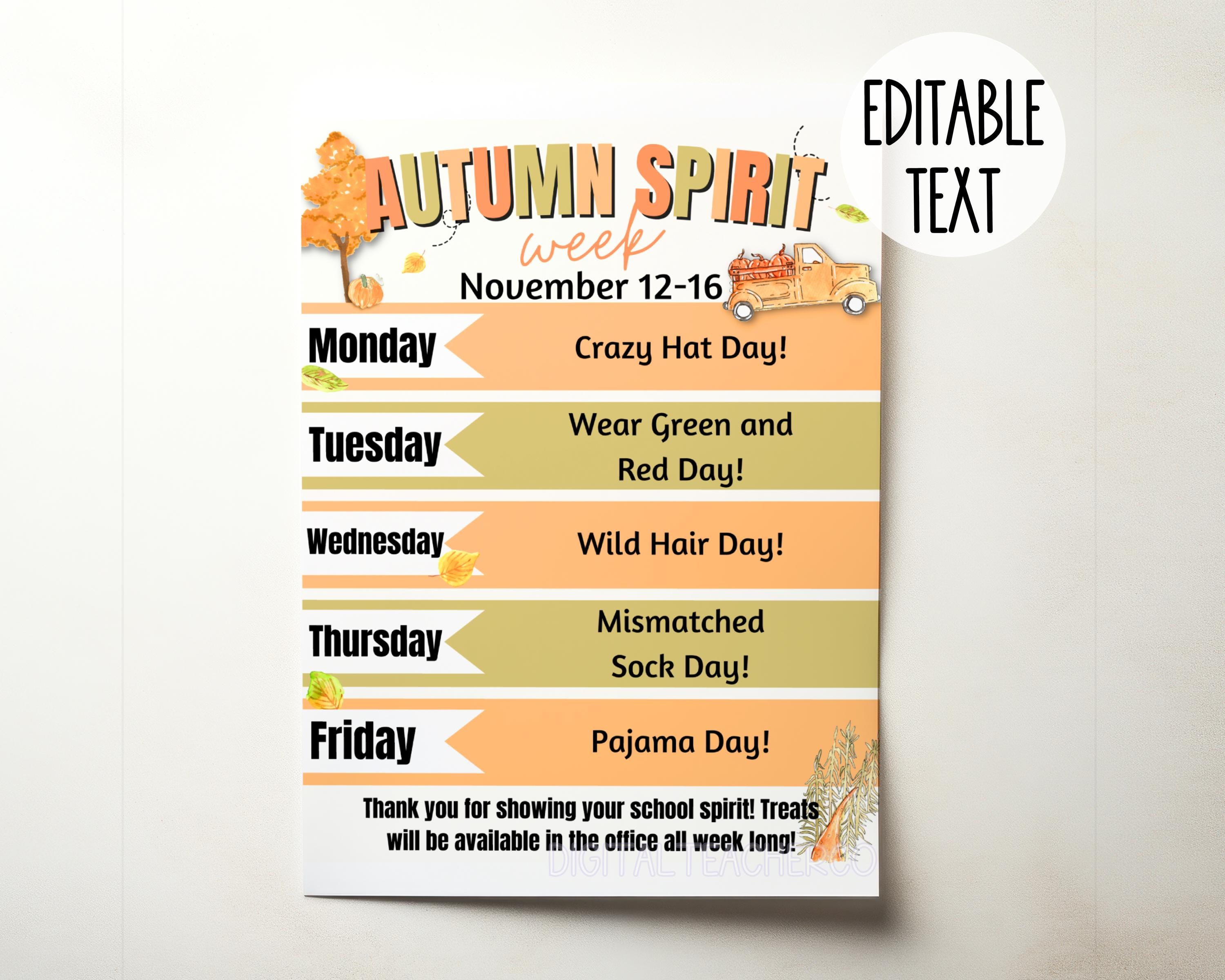 Autumn School Spirit Week Schedule Fall Flyer Fundraiser for PTO/PTA ...