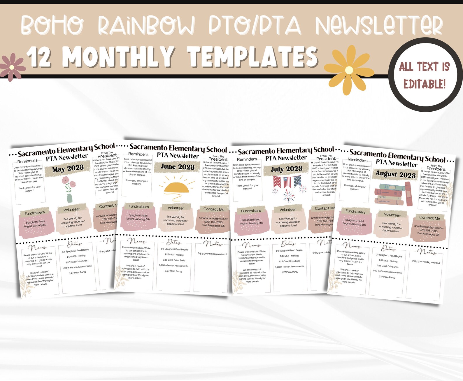Yearly PTO/PTA Newsletter EDITABLE Template for School. Parent Teacher ...